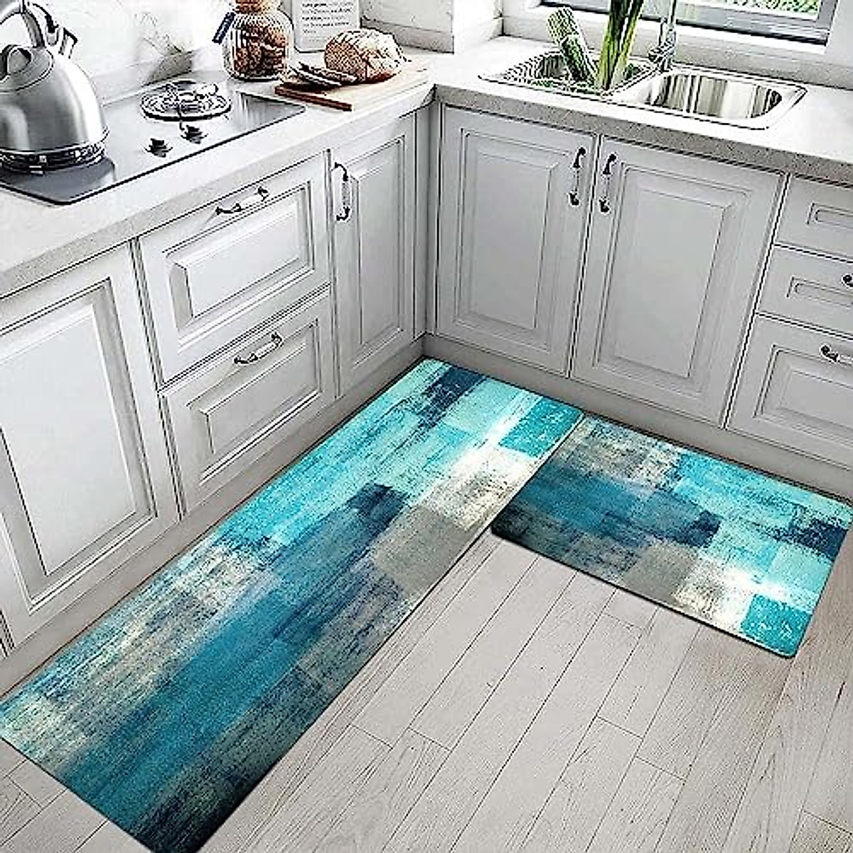 TOMWISH Turquoise Kitchen Rug 2PCS Anti-Fatigue Floor Mat Abstract Non Slip Kitchen Rugs and Mats Waterproof PVC Ergonomic Comfort Standing Mat Kitchen Rugs and Runner Sets for Kitchen,Sink,Laundry