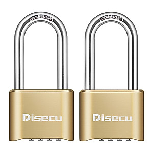 Disecu Heavy Duty 4 Digit Combination Lock 2.5 Inch Long Shackle Outdoor Waterproof Padlock for School Gym Locker, Fence, Gate, Case, Hasp Storage (Brass, 2 Pack)