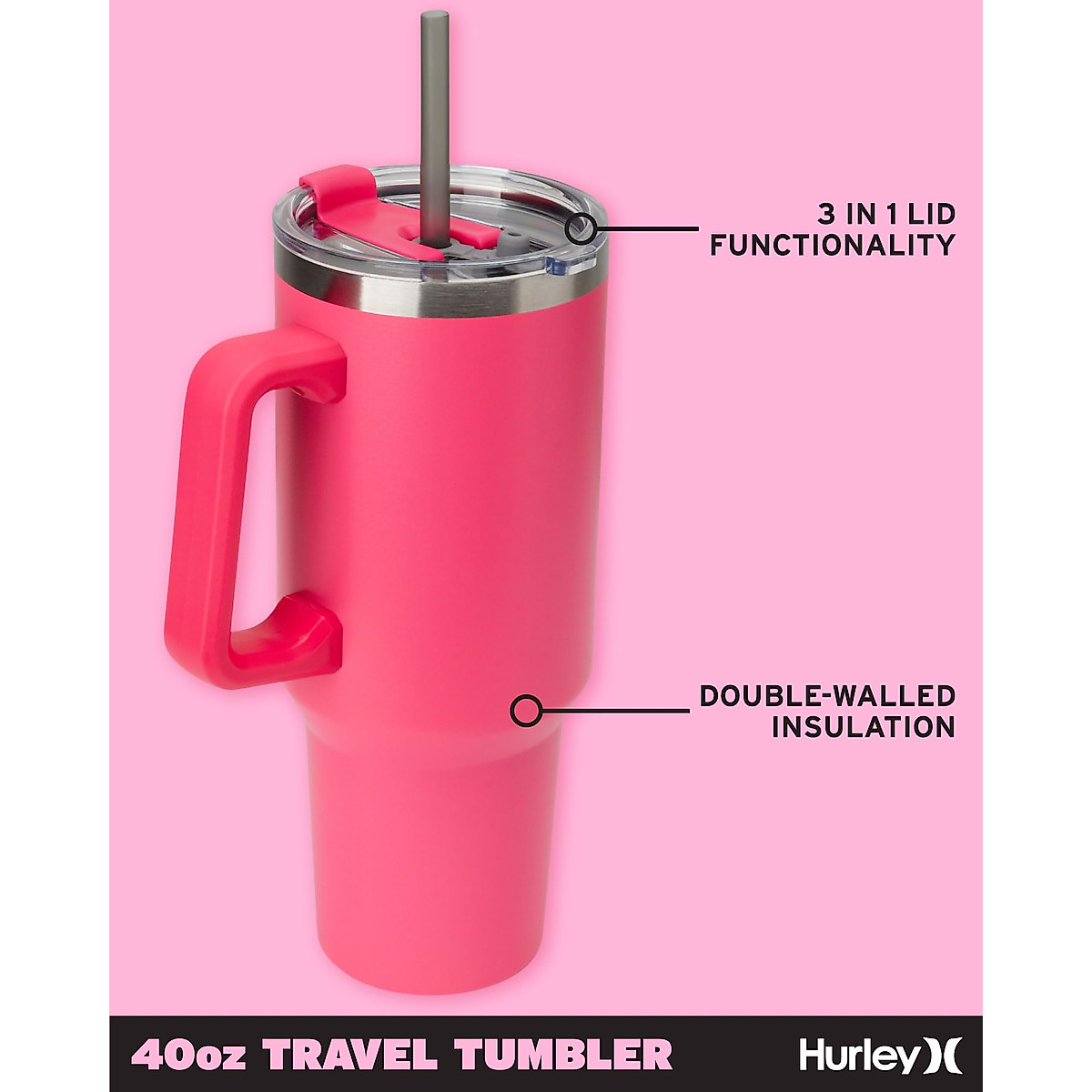 Hurley Tumbler Thermos - 40oz Double Wall Vacuum Insulated Travel Mug with Handle - BPA Free Stainless Steel Water Bottle - Leak Proof Hot and Cold Coffee Car Cup, Size 40 Ounces, Solid Candypop