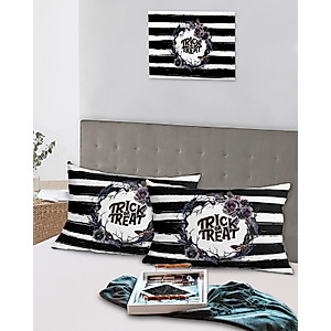 Edwiinsa Halloween Rose Pillow Covers King Standard Set of 2 Bed Pillow, Plush Soft Comfort for Hair/Skin Cooling Pillowcases with Envelop Closure 20x36 Inches Black Geometric Stripes Flower