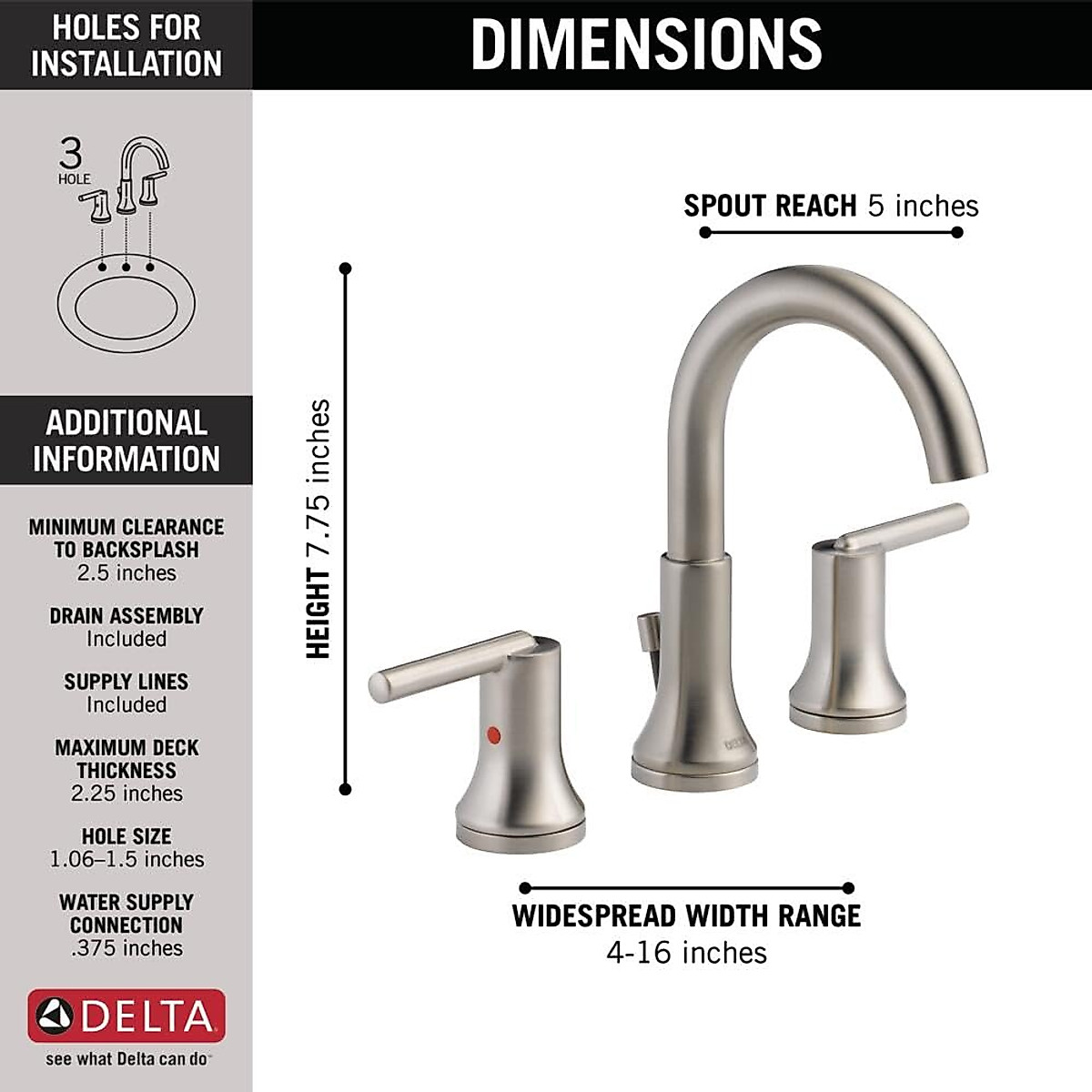 Delta Faucet Trinsic Widespread Bathroom Faucet Brushed Nickel, Bathroom Faucet 3 Hole, Diamond Seal Technology, Metal Drain Assembly, Stainless 3559-SSMPU-DST