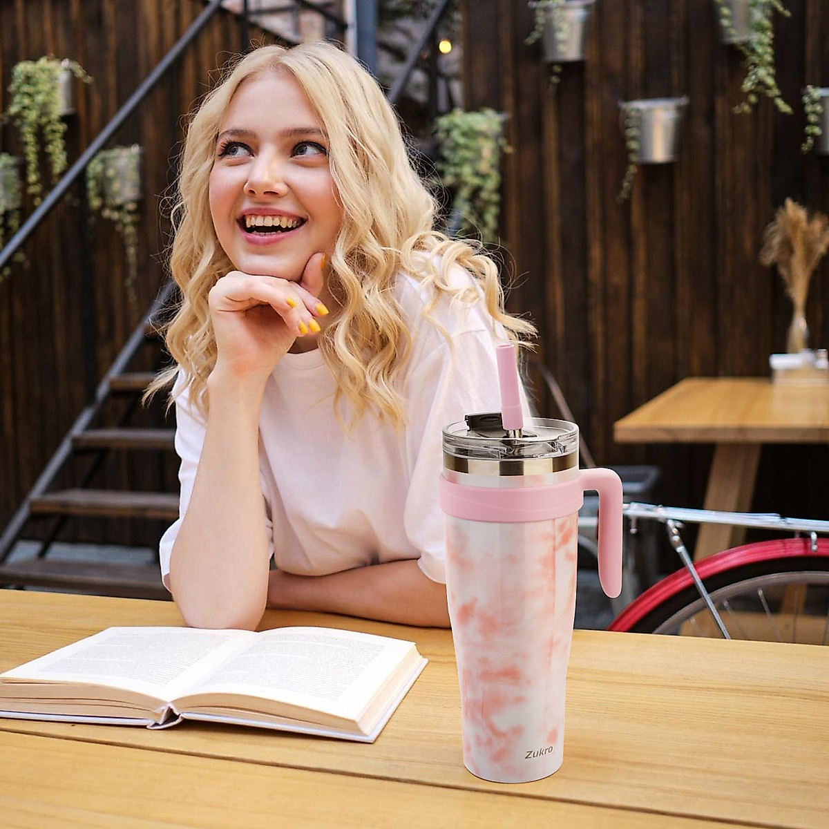 Zukro 50 oz Tumbler With Handle and Straw, Large Leak Proof Vacuum Insulated Double Wall Stainless Steel Cup with 2-in-1 Screw Lid, No Sweat, Travel Mug Fit in Cup Holder, Keeps Drinks Cold 30 Hours