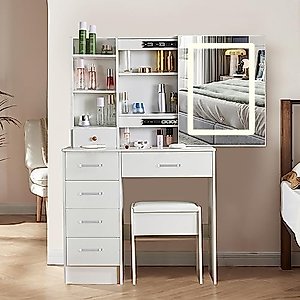 Saihemei Modern Vanity Desk with Sliding LED Mirror, 3 Lighting Modes Adjustable Brightness Bedroom Set, Makeup Dressing Table with Cushioned Stool and Lots Storage for Women Girls