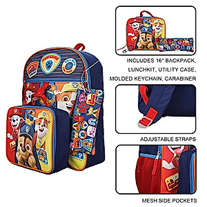 Paw Patrol Backpack Set Kids 5 Piece 16" Backpack Lunchbox Utility Case Rubber Keychain Carabiner