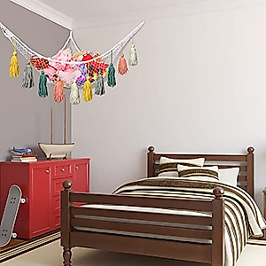 KOHUIJOO Stuffed Animal Hammock, Jumbo Stuffed Animal Net Corner Wall Hanging Toy Hammock with Tassels Kids Macrame Stuff Animals Organizer Storage Boho Mesh Toy Net Holder for Stuff Animals