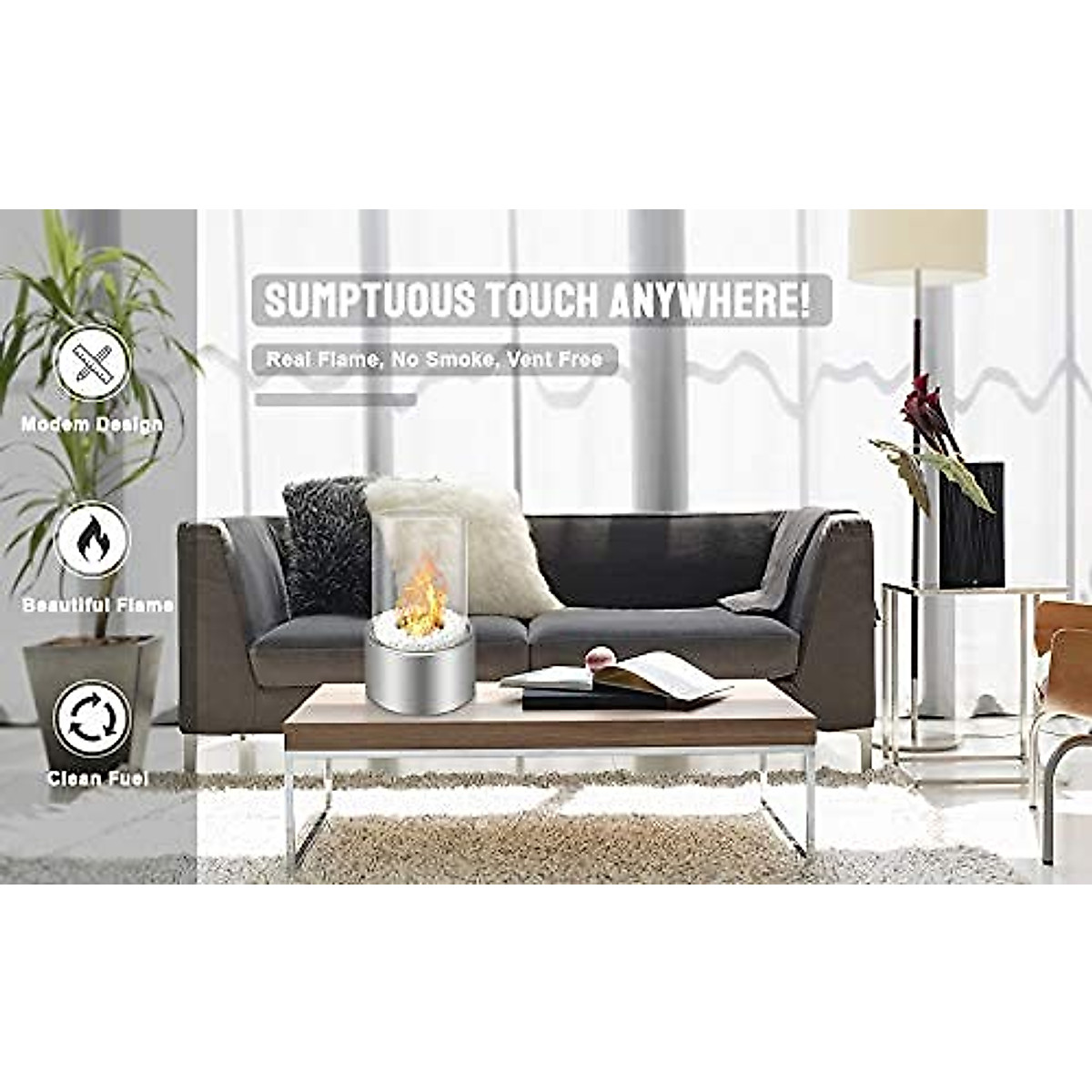 BRIAN & DANY Tabletop Fire Pit, Mini Portable Table Top Firepit Bowl, Ethanol Tabletop Fireplace for Indoor & Outdoor, Silver