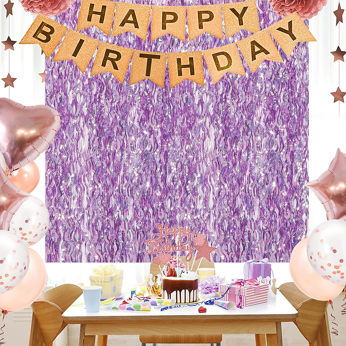 Lilac Pink Wave Party Backdrop Decoration -Foil Fringe Curtain Pink Party Streamers for Princess/Taylor/Unicorn/Bachelorette/Cowgirl/BTS/Sleepover Theme Party Decorations -2 Packs