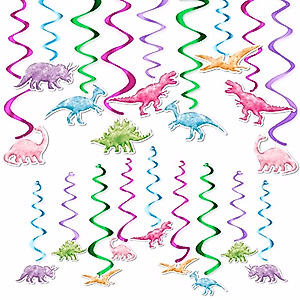 Watercolor Dinosaur Party Hanging Swirl - 24Pcs Dinosaur Party Decorations for Girls Kids Birthday Baby Shower Foil Whirls Ceiling Streamers Spirals Dino Theme Party Supplies