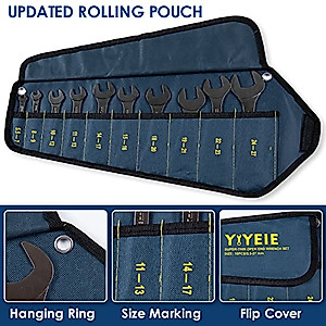 YIYEIE Super-Thin Open End Wrench Set, 10-Piece Metric, 5.5, 7, 8, 9, 10, 11, 12, 13, 14, 15, 16, 17, 18, 19, 20, 21, 22, 23, 24, 27 mm, Nickel Coating, CR-V Steel, Slim Wrench with Rolling Pouch