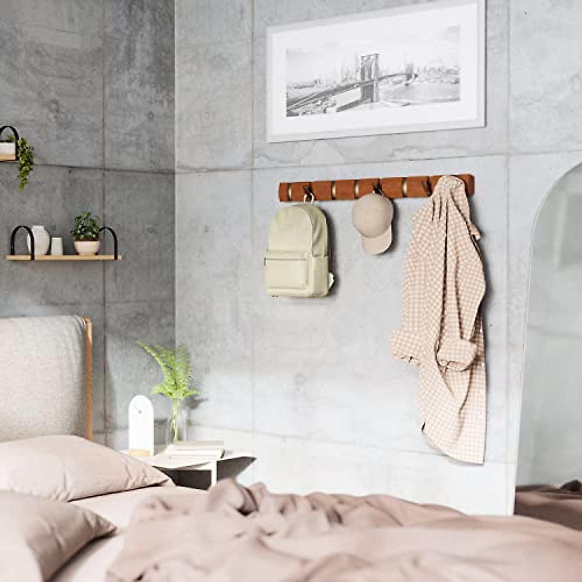 Umbra Flip Wall-Mounted Coat Rack Rail Hook for Hats, Jackets, Bags and More – Modern, Space-Saving Storage Organizer for Entryway, Mudroom, Closet, Bathroom, Bedroom, Kids Room, or Nursery, 8 Hooks, Light Walnut/Gold