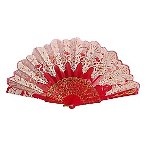 Handmade Folding Fan Spanish Style Dance Party Fan Wedding Silk Lace Fan Folding Held Flower Fan Lady Wedding Folding Hand Fan Handheld Fan (Color : Red)