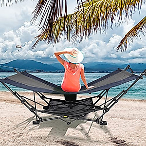 Lineslife Portable Hammock with Stand, Collapsible Foldable Hammock Includes Removable Pillow, Storage Net, Side Pocket with Cup Holder for Camping Beach Patio Travel