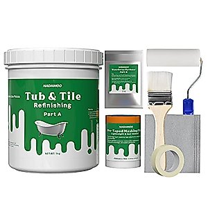 NADAMOO Tub and Tile Refinishing Kit (1kg / 35 oz, with tools, White), DIY Bathtub Sink Reglaze Kit Countertop Resurface Paint for Bathroom Kitchen Porcelain Fiberglass, Semi-matte White Coat