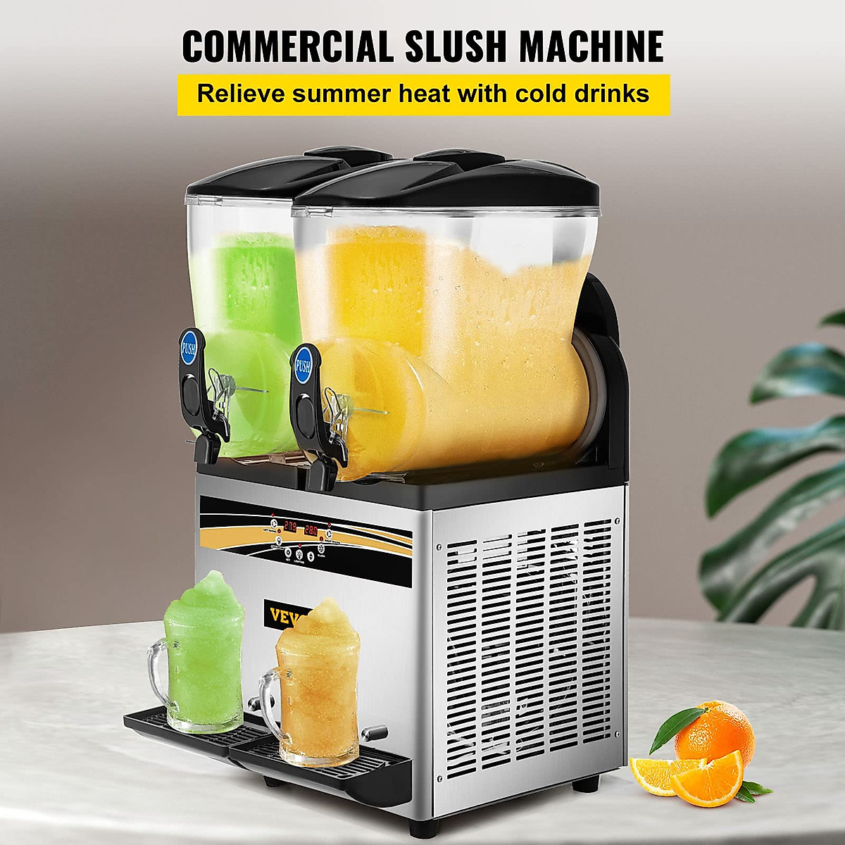 VEVOR Commercial Slushy Machine, 15Lx2 Tank Margarita Maker, 1000W Stainless Steel Smoothie Frozen Drink Maker for Supermarkets Cafés Restaurants Bars Home Use
