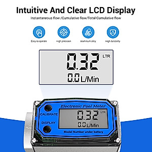 1 Inch Fuel Flow Meter with 3/4 in Adapters, Digital Turbine Flow Meter 2.5-31 GPM Inline NPT Thread Diesel Flow Meter LCD Display Water Flow Meter for Kerosene, Gas Oil, Gasoline, and Other Liquids