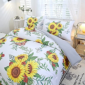 ZRNBAST 3 Pcs Sunflower Comforter Set Queen Size Butterfly Sunflower Floral on White Background, Comforter Bedding Sets Queen Size All Season Bed in A Bag with 1 Comforter 2 Pillowcases