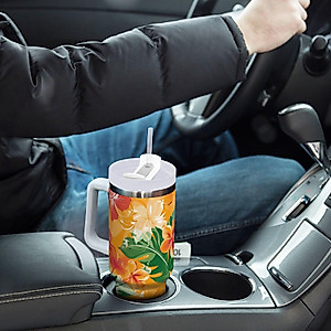 ALAZA Tropical Floral Yellow 40 oz Tumbler Water Bottle with Straw Lid and Handle,Reusable Insulated Stainless Steel Cup for Women Men Travel Car Cup Holder