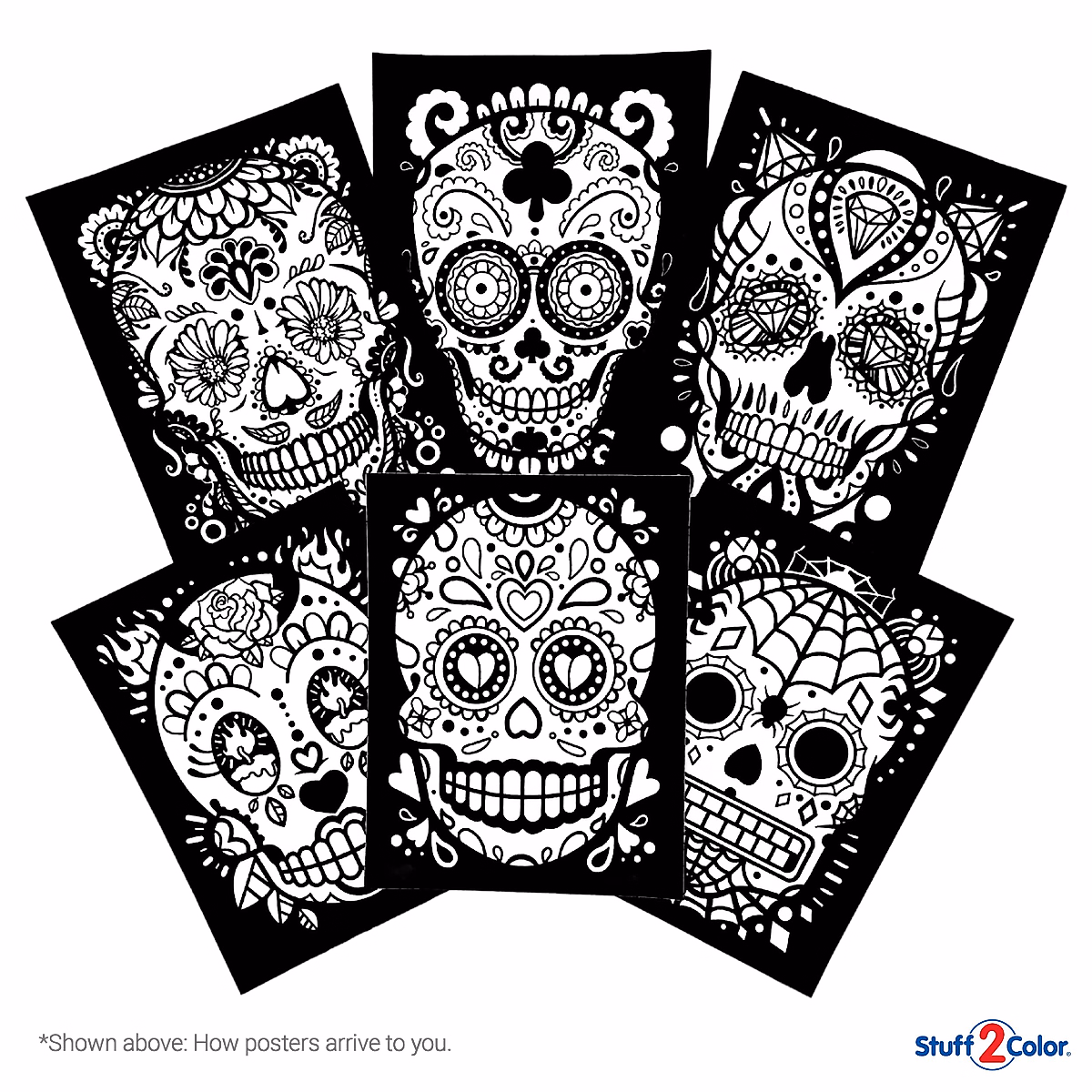 Stuff2Color Sugar Skulls Fuzzy Velvet Halloween Coloring Posters (Day of The Dead and Dia de Los Muertos) - 6 Pack - Great Halloween Arts and Craft Activity for Kids, Toddlers, Teens and Adults