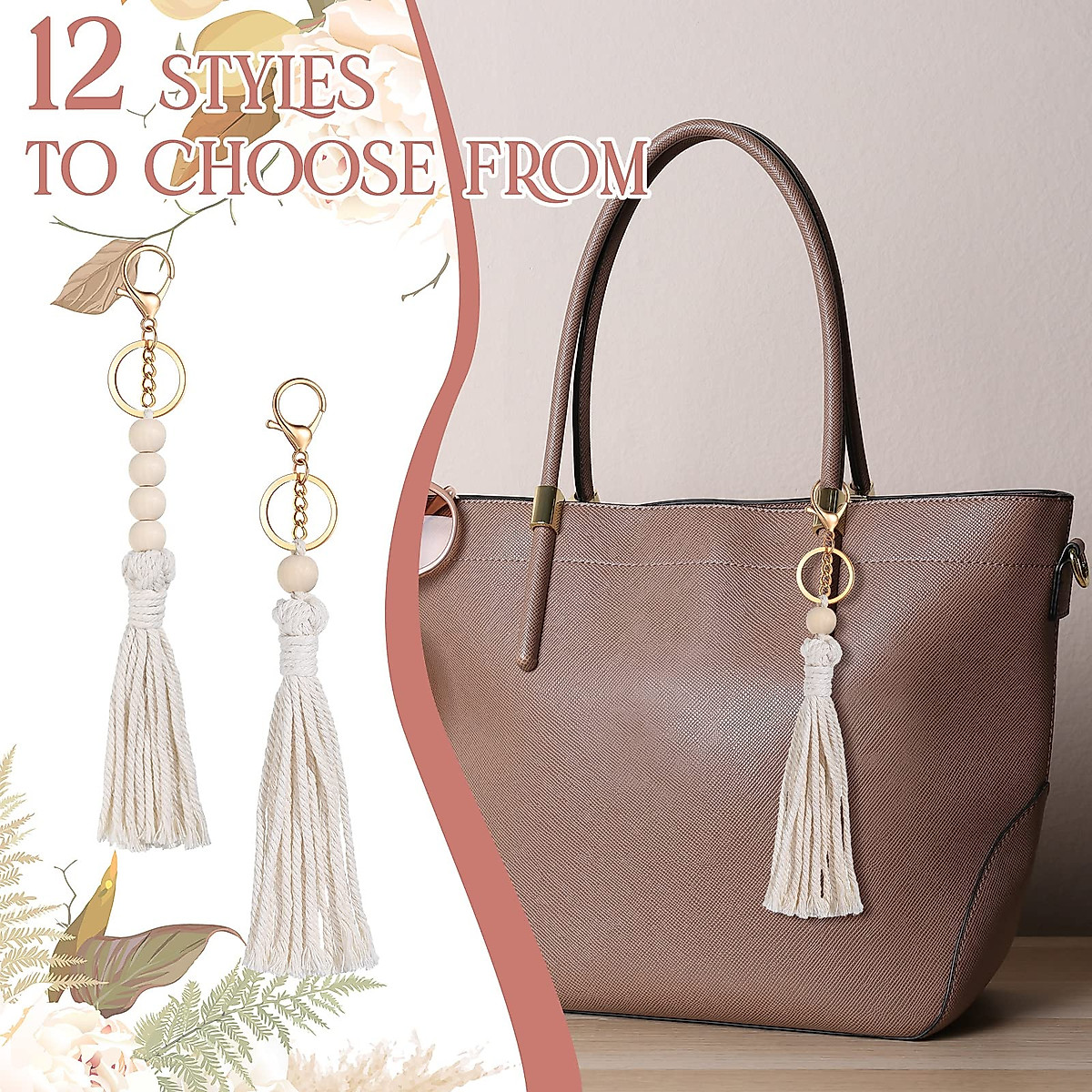 Junkin Macrame Boho Keychains Bulk Handcrafted Aesthetic Key Chain with Tassel for Women Car Key Purse Wallet Beige (12 Pieces)