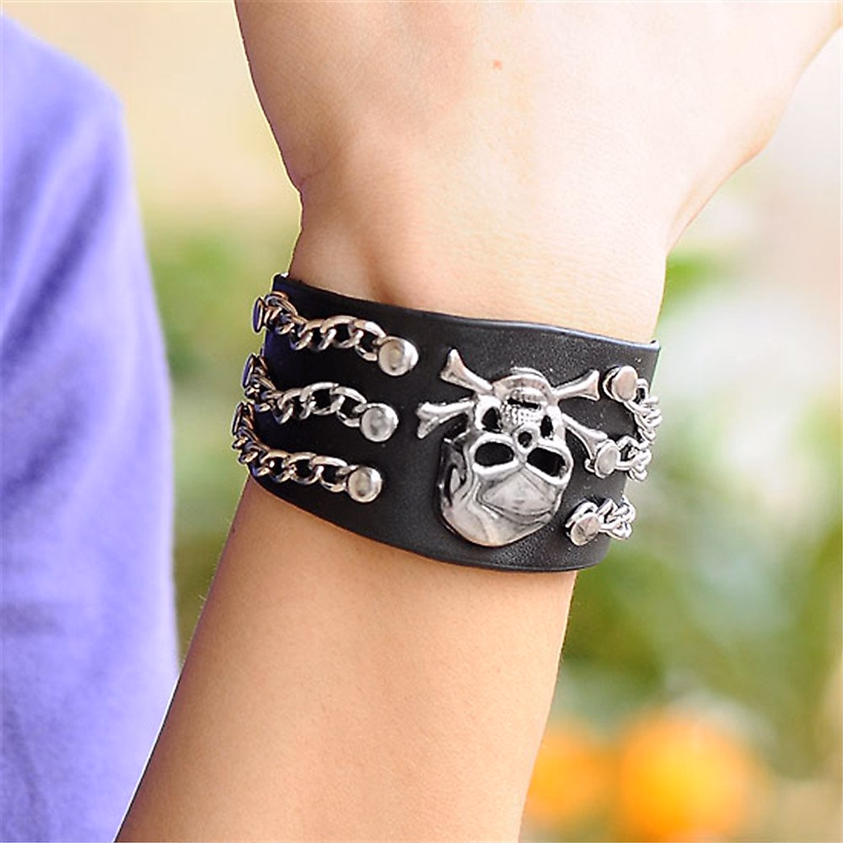 Jovivi 3pcs Spike Studded Rivets Punk Rock Biker Wide Strap Genuine Leather Bracelets Chain Wristband Adjustable