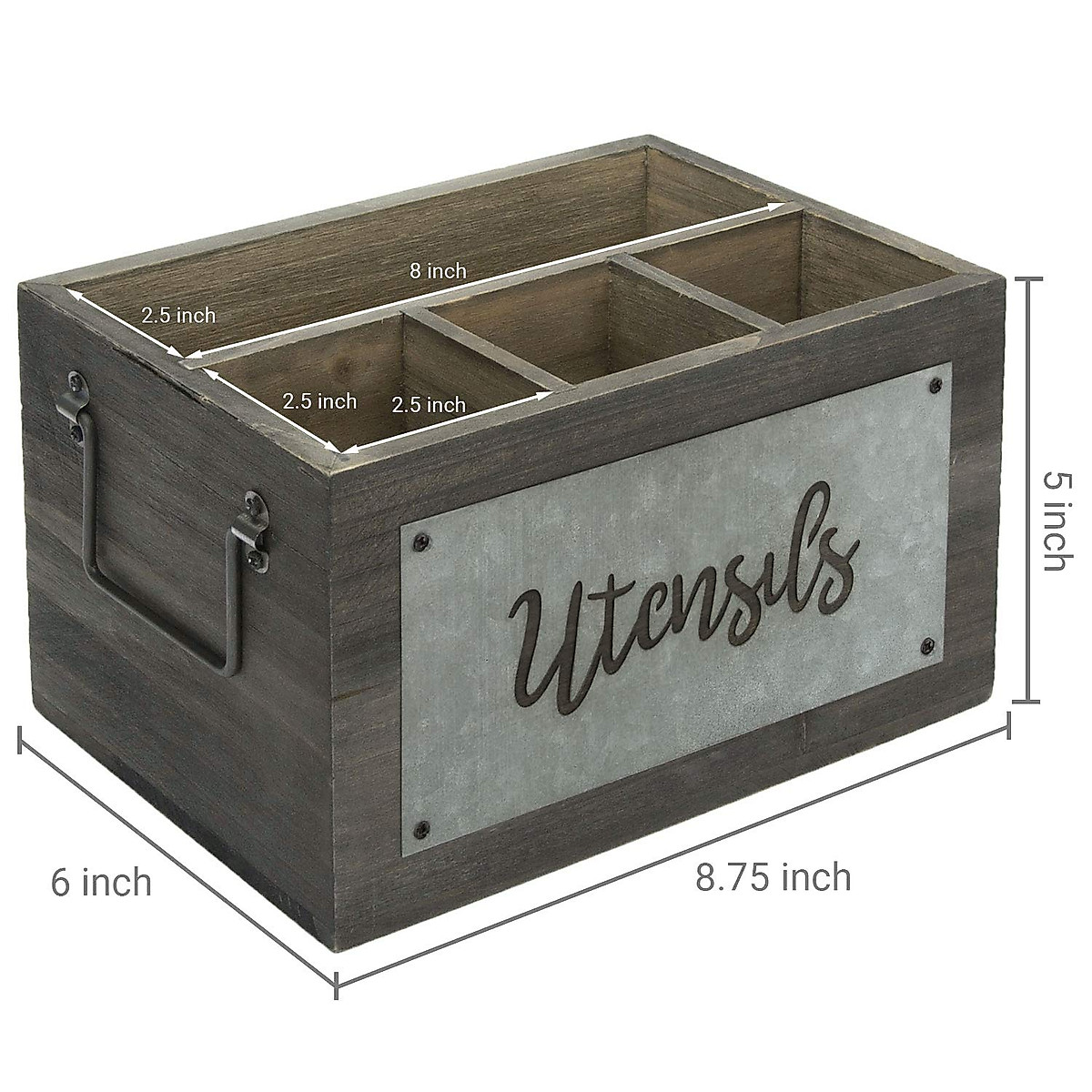 MyGift 4 Compartments Vintage Gray Wood Flatware Organizer and Napkin Holder Caddy with Rustic Metal Handles and UTENSILS Design Galvanized Panel for Kitchen Counter, Dining Room Table, Buffet Server