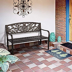 Patio Bench Park Bench, 50" Antique Powder Coated Iron Outdoor Metal Bench w/Floral Ivy Design Backrest, 400lbs Cast Iron Anti-Rust Sturdy Steel Frame Furniture for Porch Entryway Lawn Decor Deck