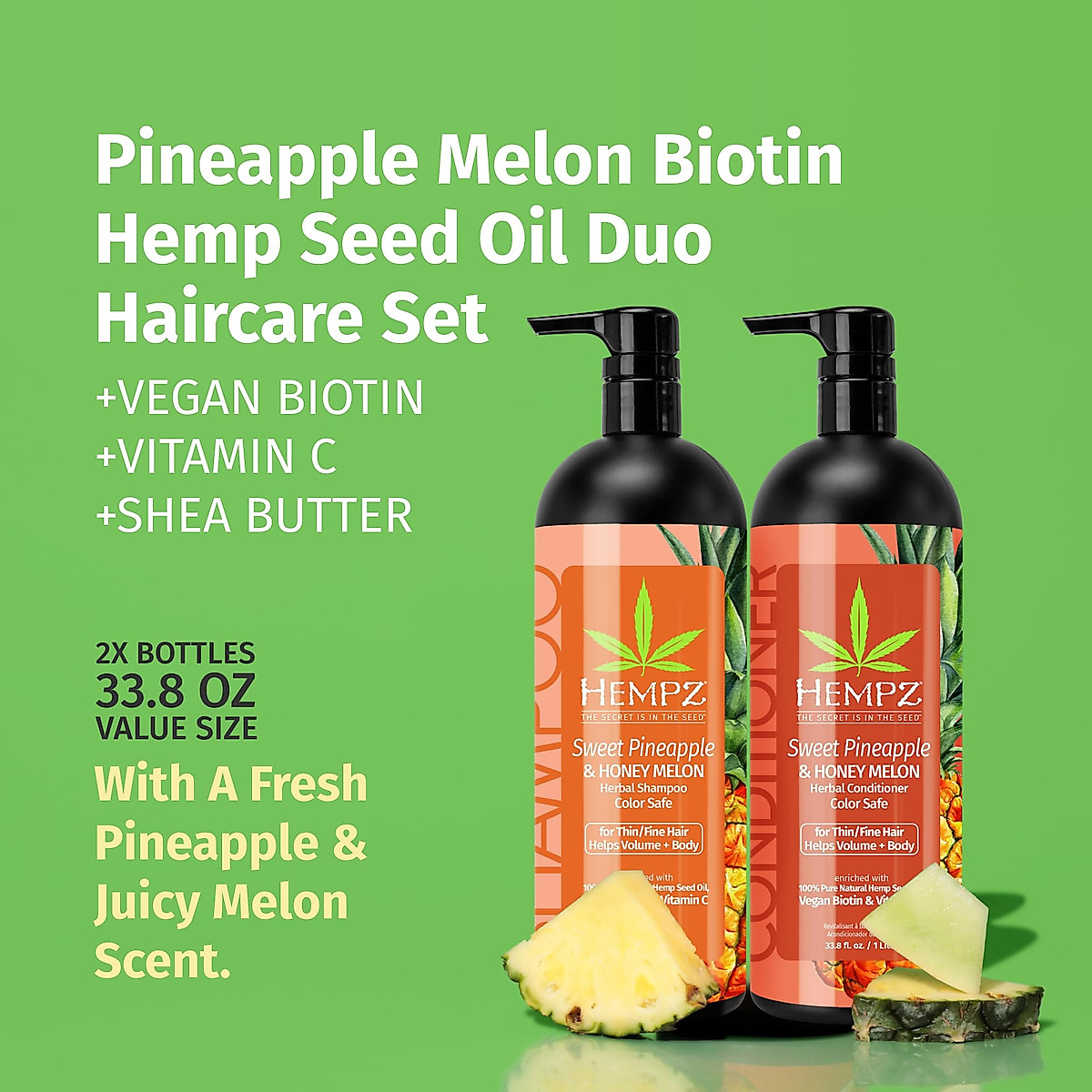 HEMPZ Hair Shampoo & Conditioner Set - Sweet Pineapple & Honey Melon Scent for Thin/Fine Dry, Damaged and Color Treated Hair, Hydrating, Softening, Moisturizing with Biotin Duo Set - 33.8 fl oz