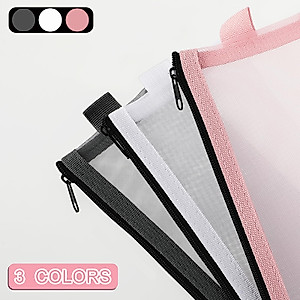 Qianyu 3 Pcs Grid Mesh Storage Case with Handle and Zipper Clear Double-layer Large Capacity Storage Pouch Travel Makeup Bag Cute Simple Toiletry Bag for Adult Office College Students Essentials