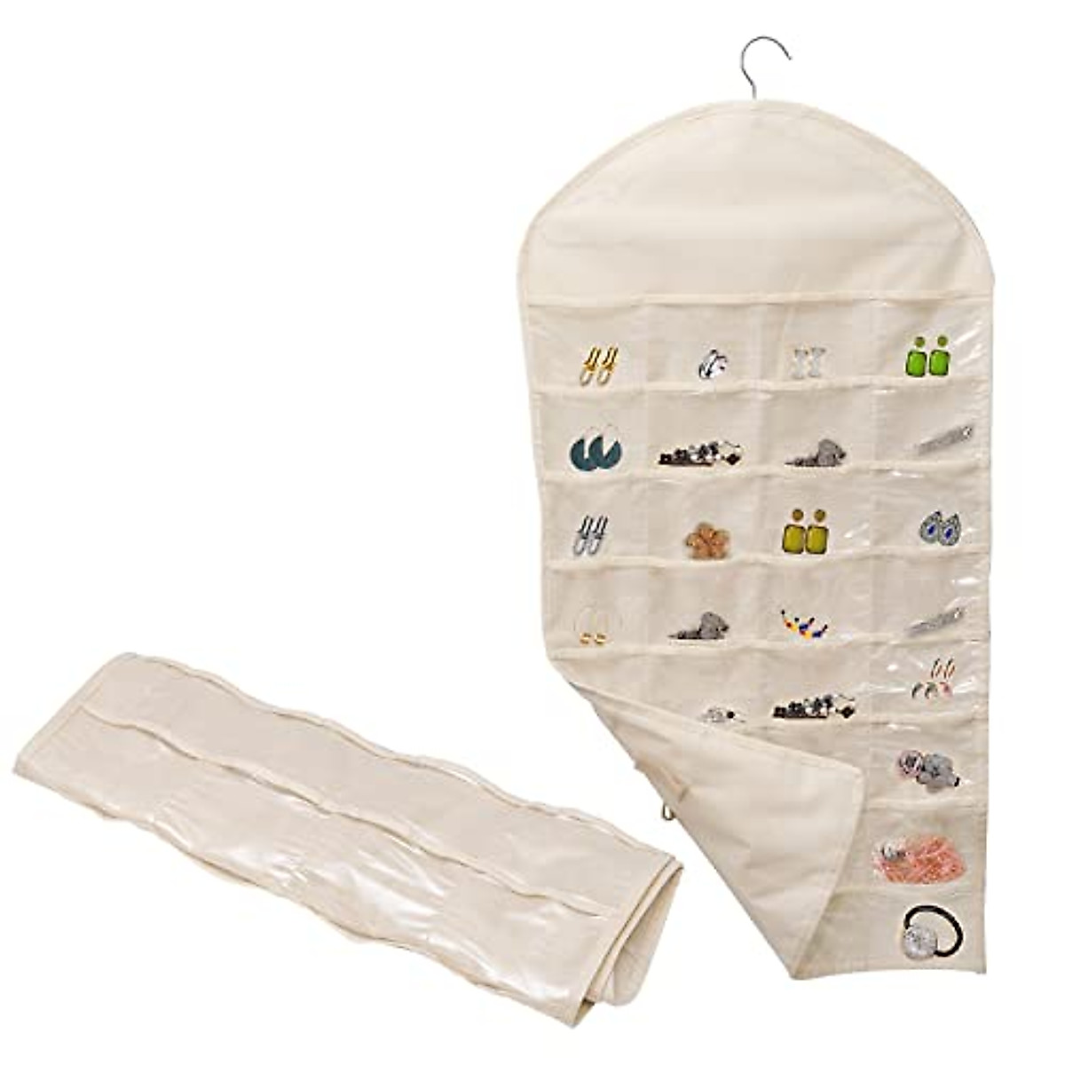 Foraineam 4 Pcs Hanging Jewelry Organizer, 32 Pockets 18 Hook and Loops Double Sided Jewelry Display Storage Bag, Travel Jewelry Organizer Holder for Necklace Bracelet Earring Ring Chain Knitting Tool