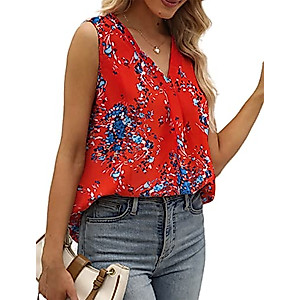 MIDOSOO Summer Tank Tops for Women Elegant Chiffon Sleeveless Shirts Fold Pleated Blouses Floral Red Medium