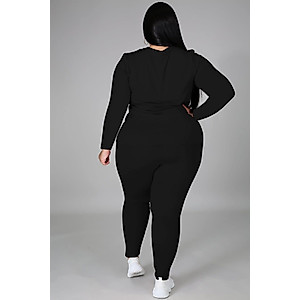 Tycorwd Plus Size Two Piece Outfits For Women Sweatsuits Jogger Sets Long Sleeve Casual Print Tracksuit Sets Black-3XL
