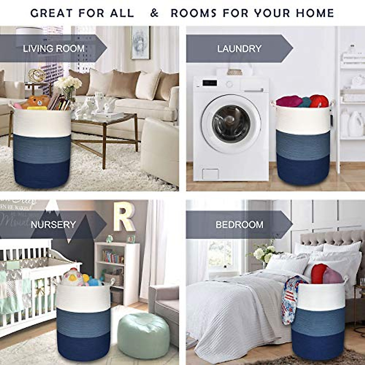 COMSE Extra Large Blanket Basket, High Storage Basket, Tall Rope Laundry Basket, 15.7”x 21.7”, Cotton Rope Basket, XXXL Laundry Basket, Toy Basket, Clothes Baskets,White/Cadet Blue/Navy Blue