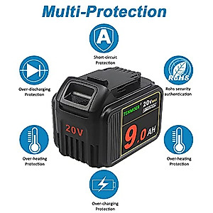 2 Pack TENMOER DCB200 20V 9.0Ah Replacement Battery Compatible with Dewalt 20V Cordless Tools with Digital Indicator