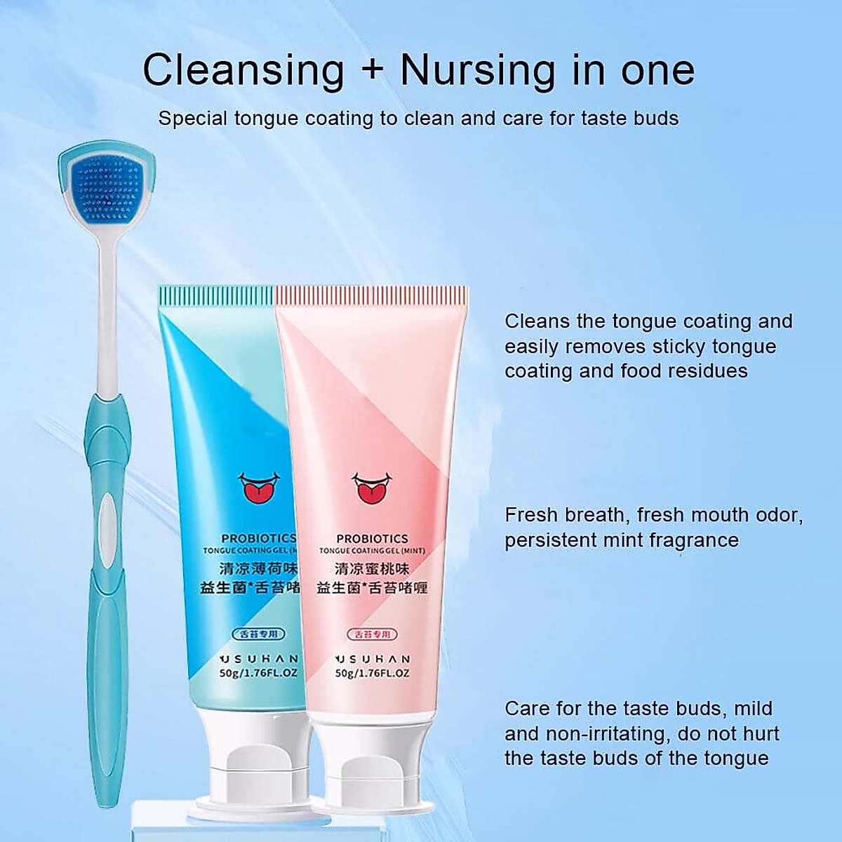 lunhaifi 2023 New Probiotic Tongue Cleaning Gel Set, Tongue Scraper Precise Cleaning Brush Kit, Easy to Use Tongue Scrubber for Men Women with 1Tongue Brush (Mint+Peaches)