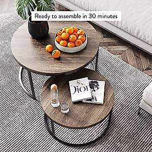 Nathan James Stella Round Modern Nesting Coffee Set of 2, Stacking Living Room Accent Tables with an Industrial Wood Finish and Powder Coated Metal Frame, Warm Nutmeg/Matte Black