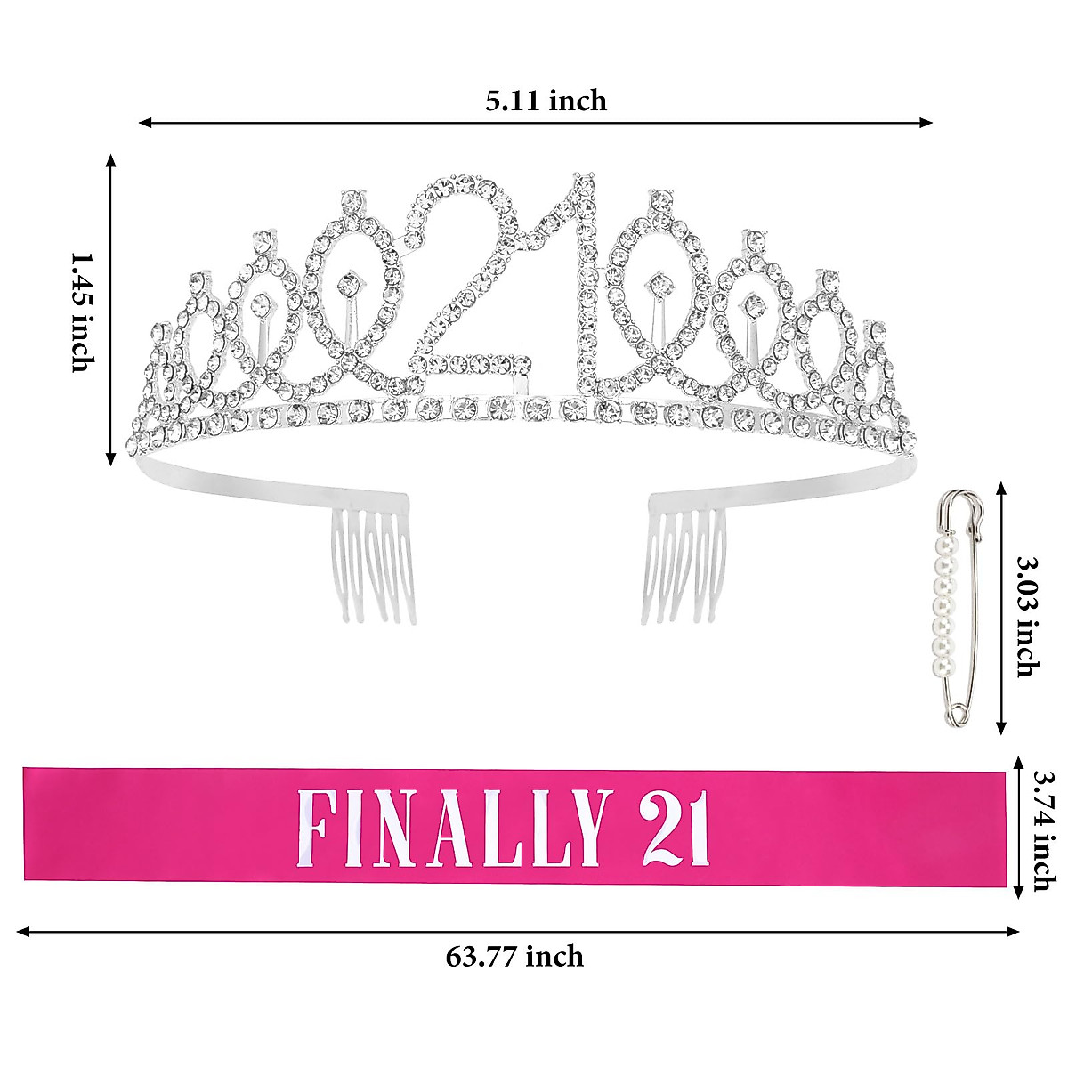 CAVETEE Silver Finally 21 Birthday Sash and Crown for Women 21st Birthday Crown and Sash Set Silver Birthday Queen Tiara and Sash for Girl Women