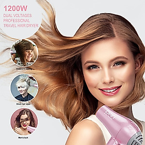 DAN Technology Travel Dual Voltage Mini Blow Dryer with Concentrator,Small Hair Dryer with Diffuser,European Hair Dryer with European Plug,Pink Blow Dryer for Women