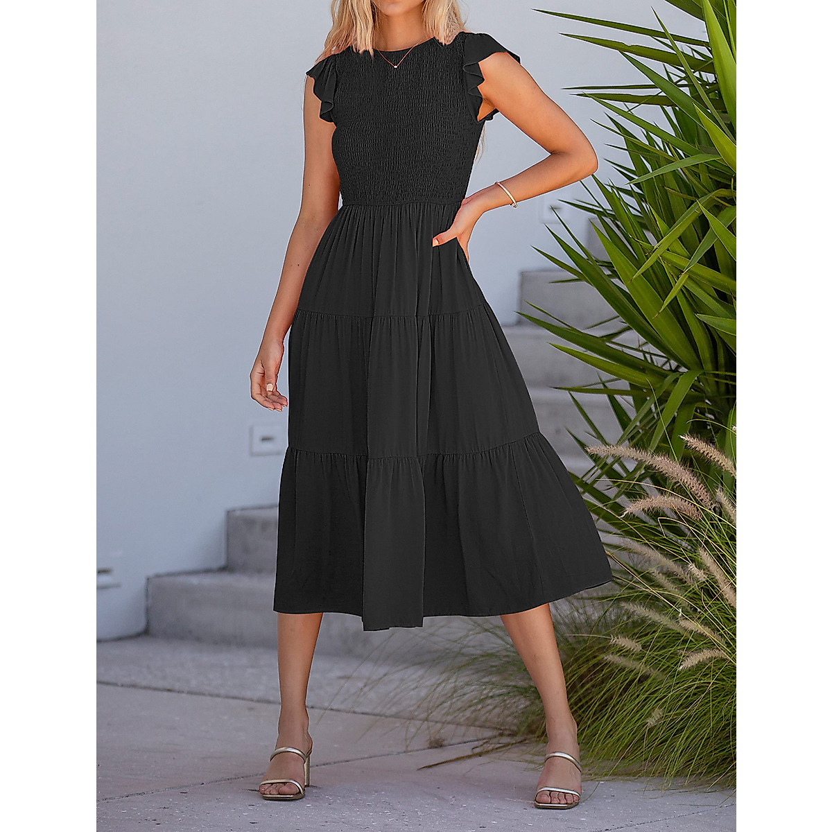 MEROKEETY Women's Summer Smocked Midi Dress Flutter Sleeve Elastic Waist Tiered Midi Long Dress,Black,XS