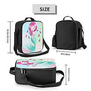 Kids Lunch Box, Insulated Lunch Bag for Girls, Pink Mermaid Cute Lunch Bag with Shoulder Strap, School Bento Lunch Box for Kids Toddlers Teens, Small Black Reusable Cooler Thermal Meal Tote Kit