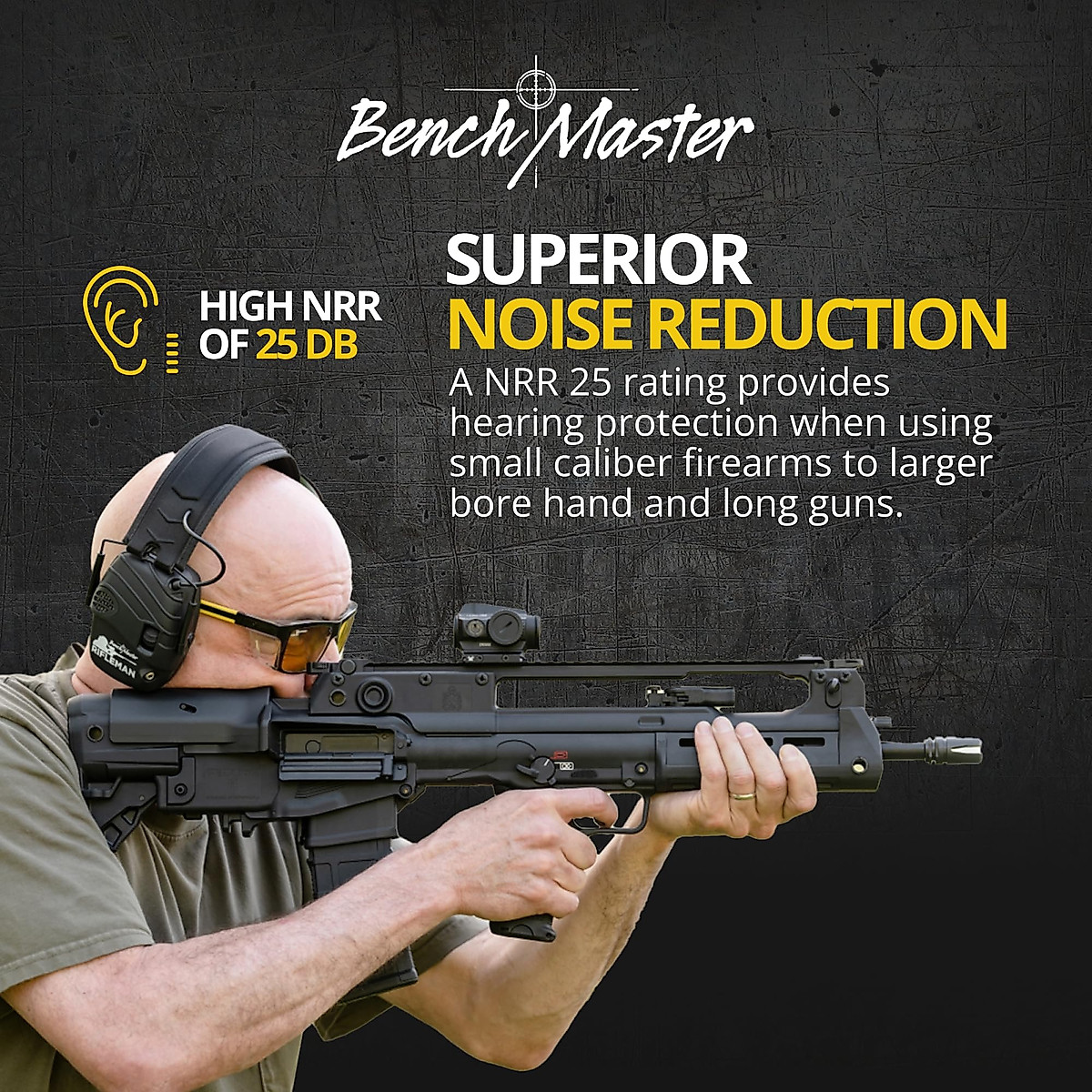 BenchMaster Rifleman TAC Ear Muffs, Shooting Electronic Ear Protection, 25 dB, Noise Reducing, Noise Canceling Headphone, 2 Millisecond Reaction Time, Audio Input, Safety Ear Muffs