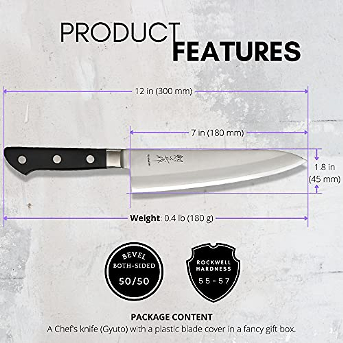 Syosaku Japanese Chef Knife Molybdenum Vanadium Stainless Steel with Bolster, Gyuto 7-inch (180mm) Dishwasher Safe