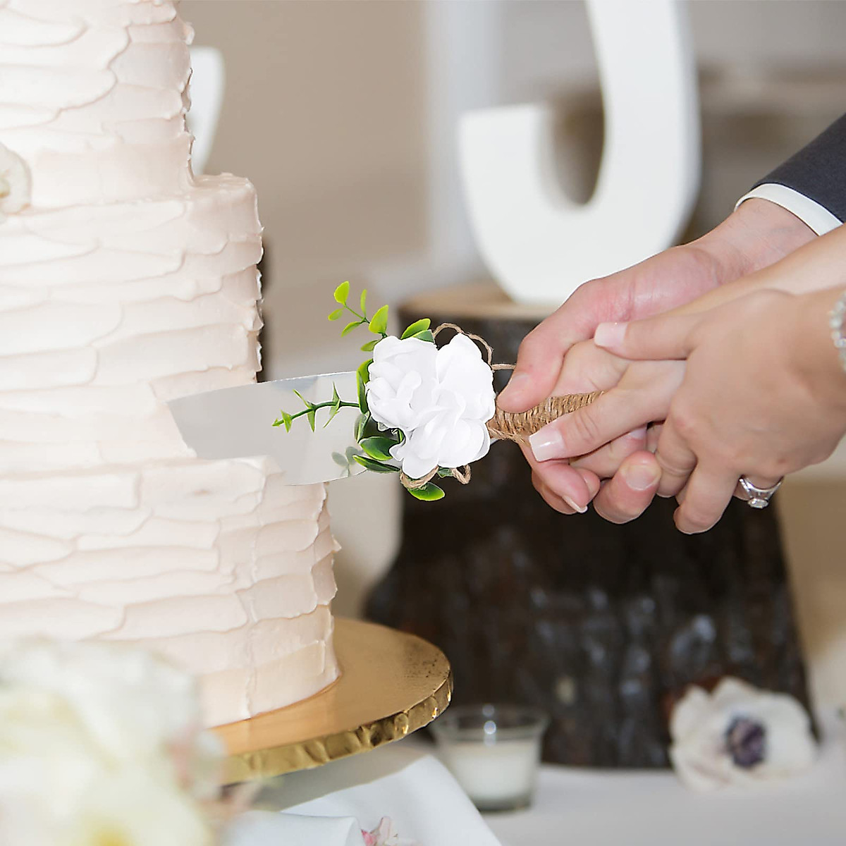 Wedding Cake Knife and Server Set of 2, Rustic Style Stainless Steel Bride and Groom Cake Cutting Utensils with Eucalyptus Leaves and White Roses, Pie Cake Pizza Shovel Cutter, A