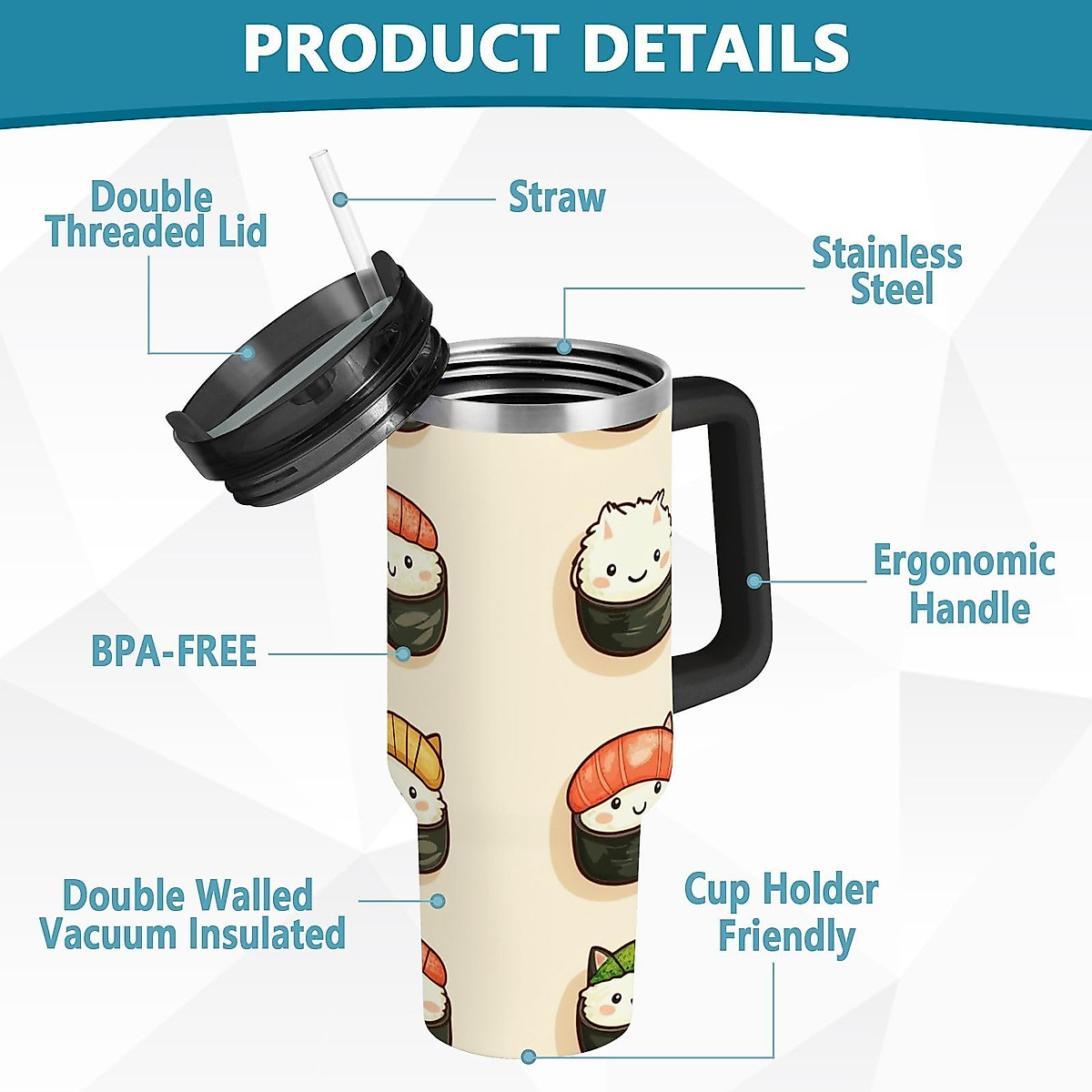 Selerdon 40 oz Tumbler Cute Sushi with Handle and Straw Lid Vacuum Stainless Steel Insulated Water Bottle Travel Mug Car Cup Holder Friendly BPA Free for Gym Travel Office