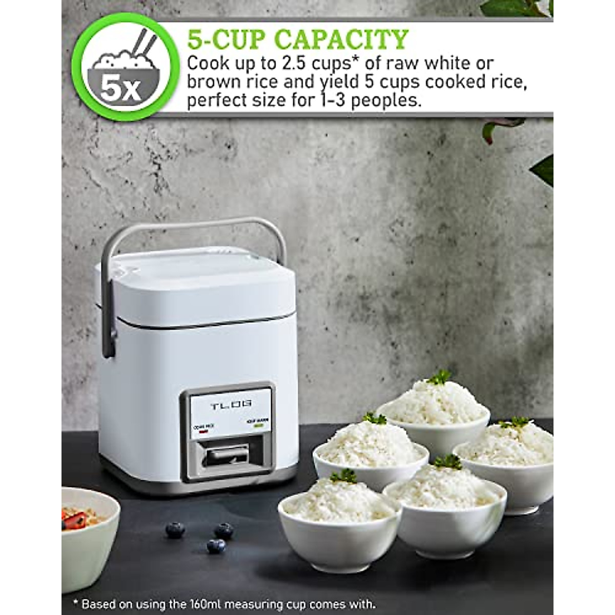 TLOG Mini Rice Cooker 2.5-Cup Uncooked(5-Cup cooked), Healthy Ceramic Coating 1.2L Small Rice Cooker for 1-3 People, Portable Travel Rice Cooker with Steam Tray, Rice Maker for Grains, White Rice, Oatmeal, Veggies