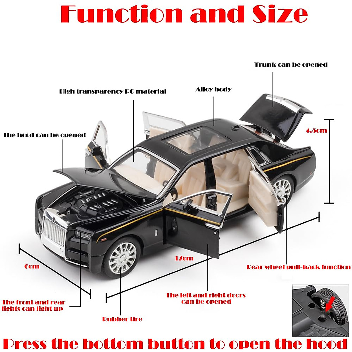 Toy Car Model Black Rolls-Royce Phantom Alloy Collectible Pull Back Vehicles Diecast with Light and Sound