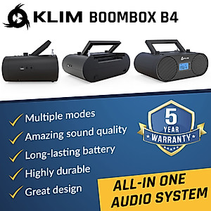 KLIM Boombox B4 CD Player Portable Audio System + AM/FM Radio with CD Player, MP3, Bluetooth, AUX, USB + Wired & Wireless Mode, Rechargeable Battery + Remote Control, Autosleep, Digital EQ + New