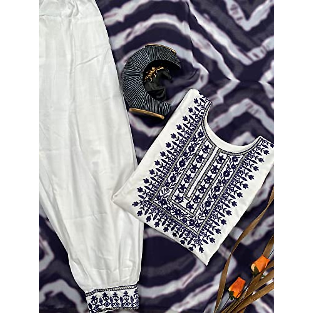 RoohVastra White colored traditional embroidered kurti pent set for women 340 (White, 40)