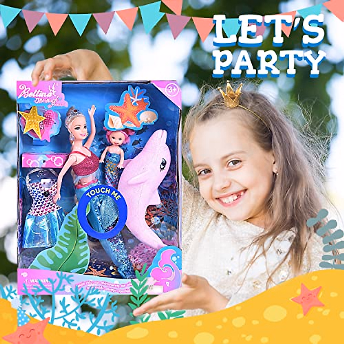 BETTINA Mermaid Princess Doll Pack, Color Changing Mermaid Tail, Dress Doll 12" and Dress Doll 3" and Dolphin Color Reveal Mermaid Toys for Little Girls and Play Gift Set Aged 3+