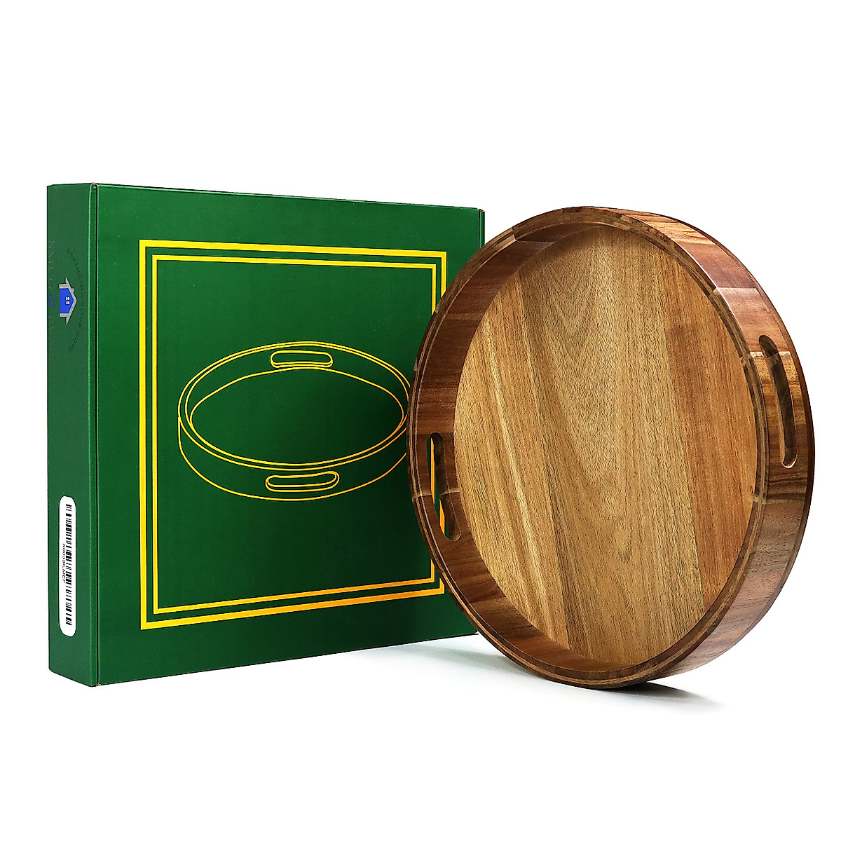 14" Wooden Tray, Natural Acacia Wood, Lazy Susan Rotating Mechanism Base Serving Tray Round, Carved Handles & Rimmed Edge Rustic Centerpiece Display