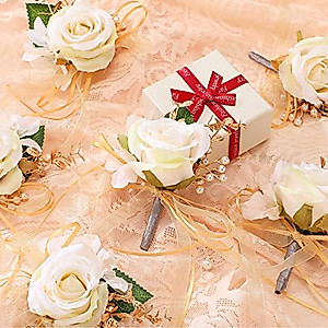20 Pcs Rose Wrist Corsage and Boutonniere Set Flower Wrist Corsage Wristlet Band Bracelet Bridegroom Men's Boutonniere Wedding Wristlet Hand Flower for Prom Party Bouquets Accessories (Champagne)